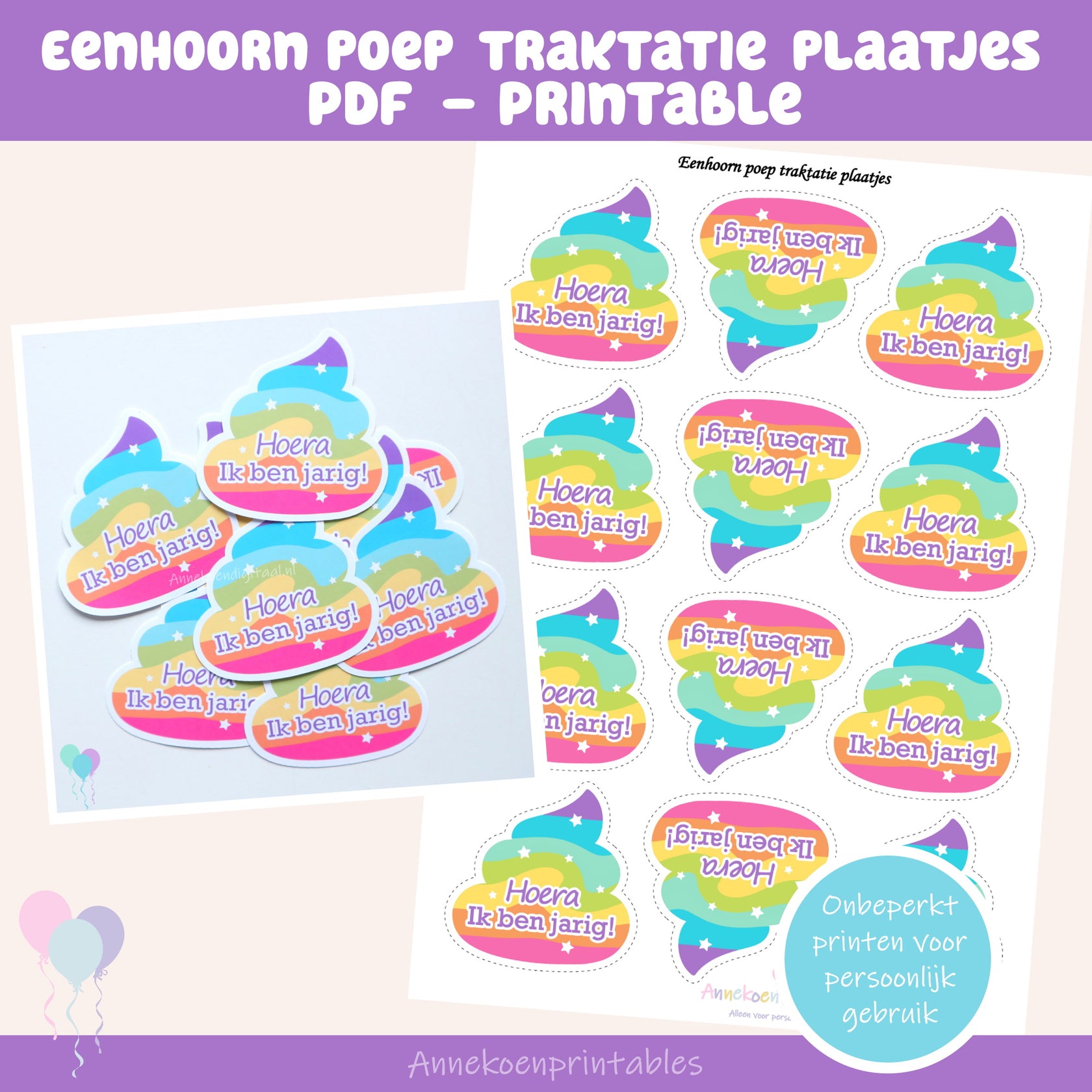 Eenhoorn poep traktatie plaatjes – Annekoenprintables